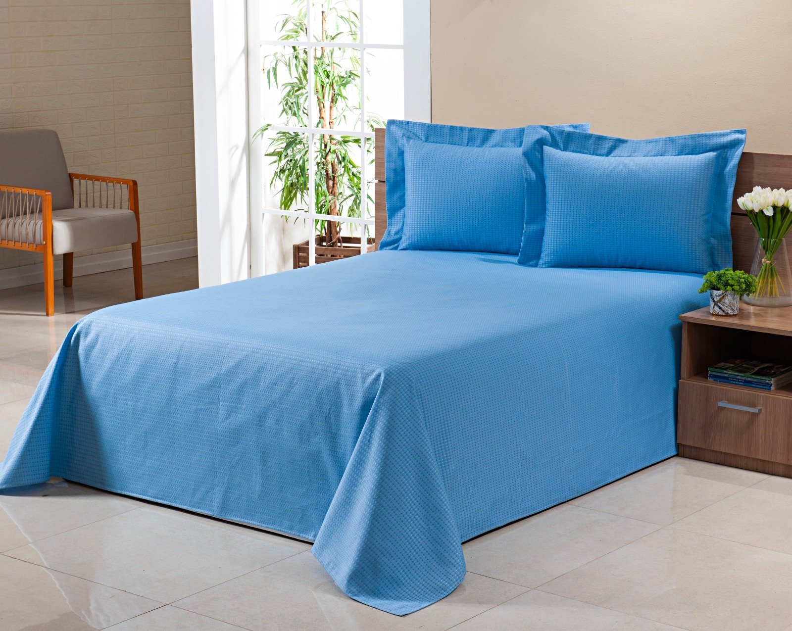 Colcha Cobre Leito Piquet Casal King 3pçs Liso Azul | MadeiraMadeira