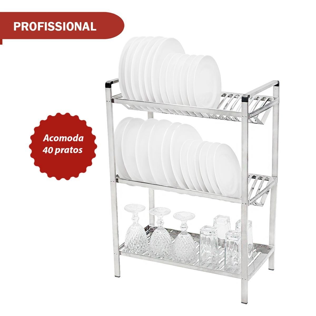 Escorredor Inox Profissional 40 Pratos com 3 Níveis Elegance ...
