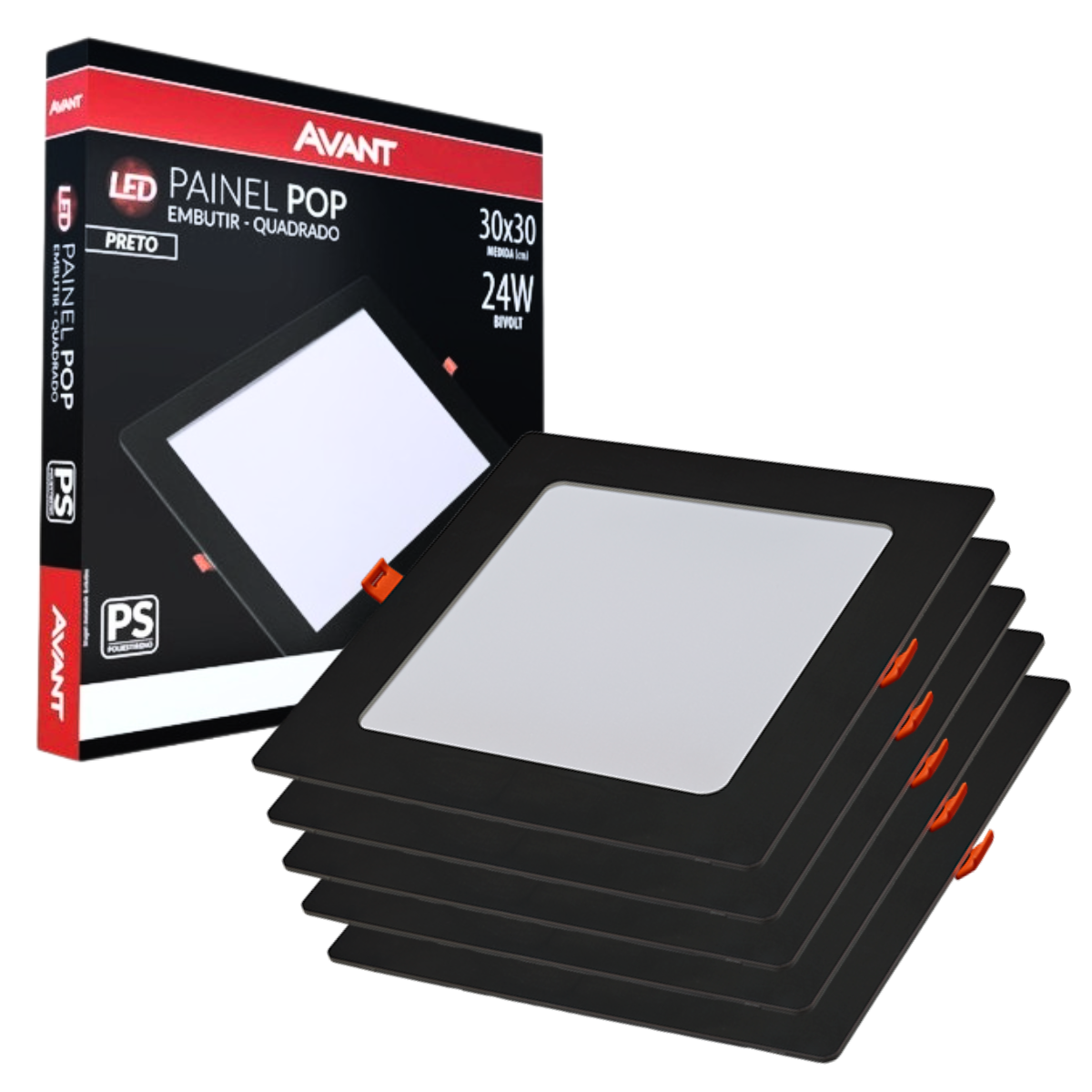 Kit 05 Painel Embutir Avant Pop Preto 6500k 24w 30x30cm | MadeiraMadeira