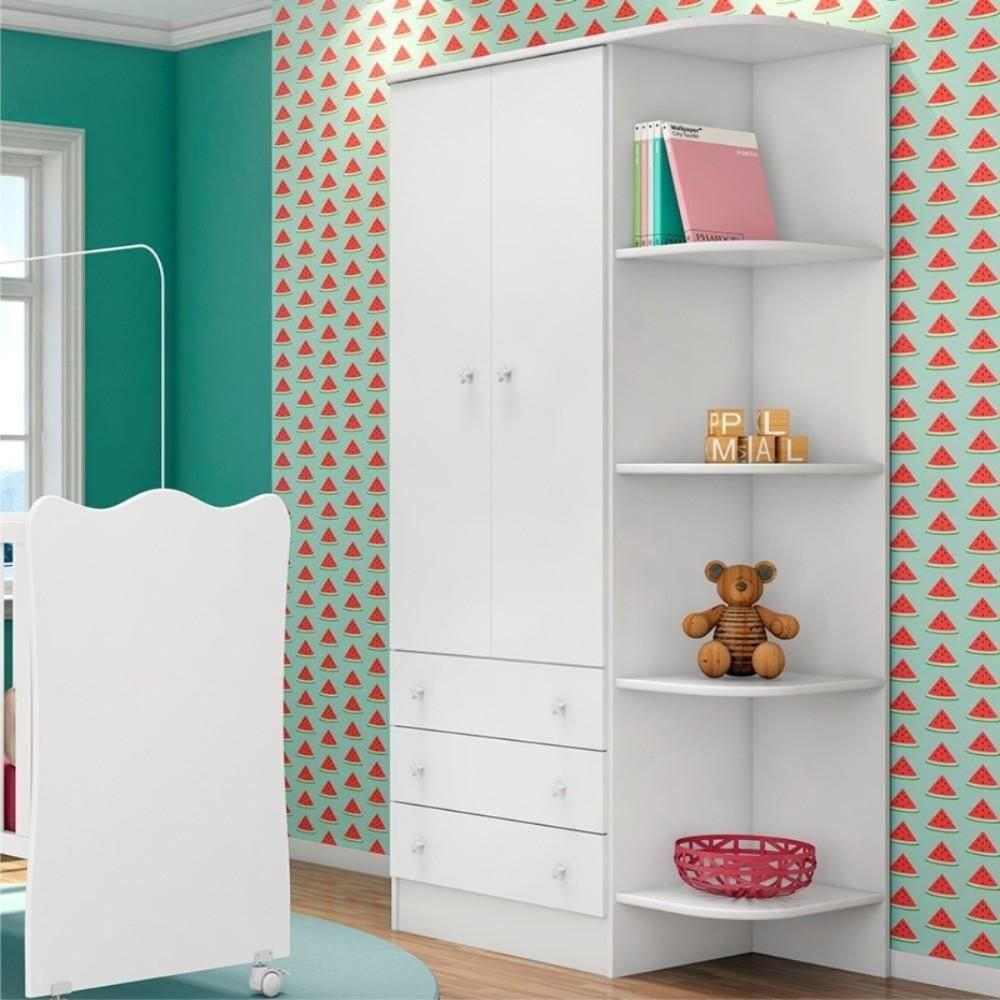 Guarda-roupa Infantil Aurora C Prateleiras 2 Portase 3 Gavetas Branco ...