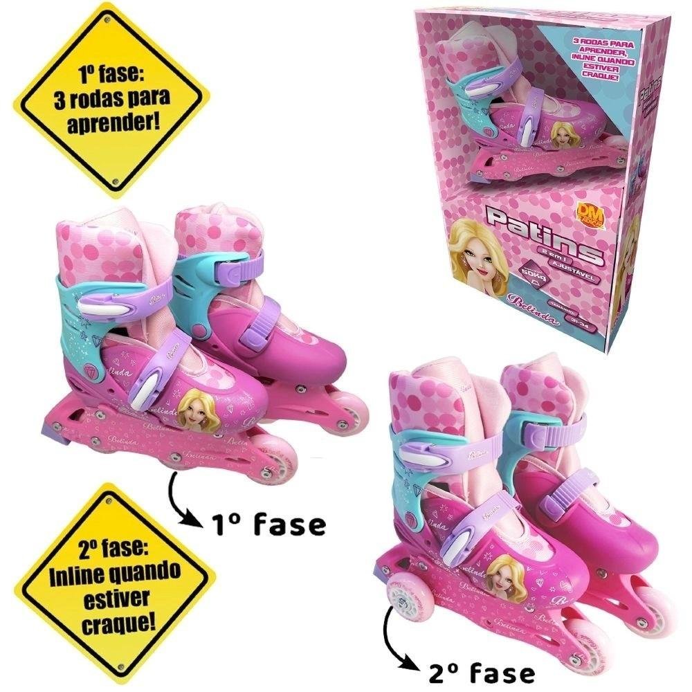 PATINS INFANTIL INLINE ROLLER AJUSTAVEL 2 EM 1 COM 3 OU 4 RODAS MENINAS ...