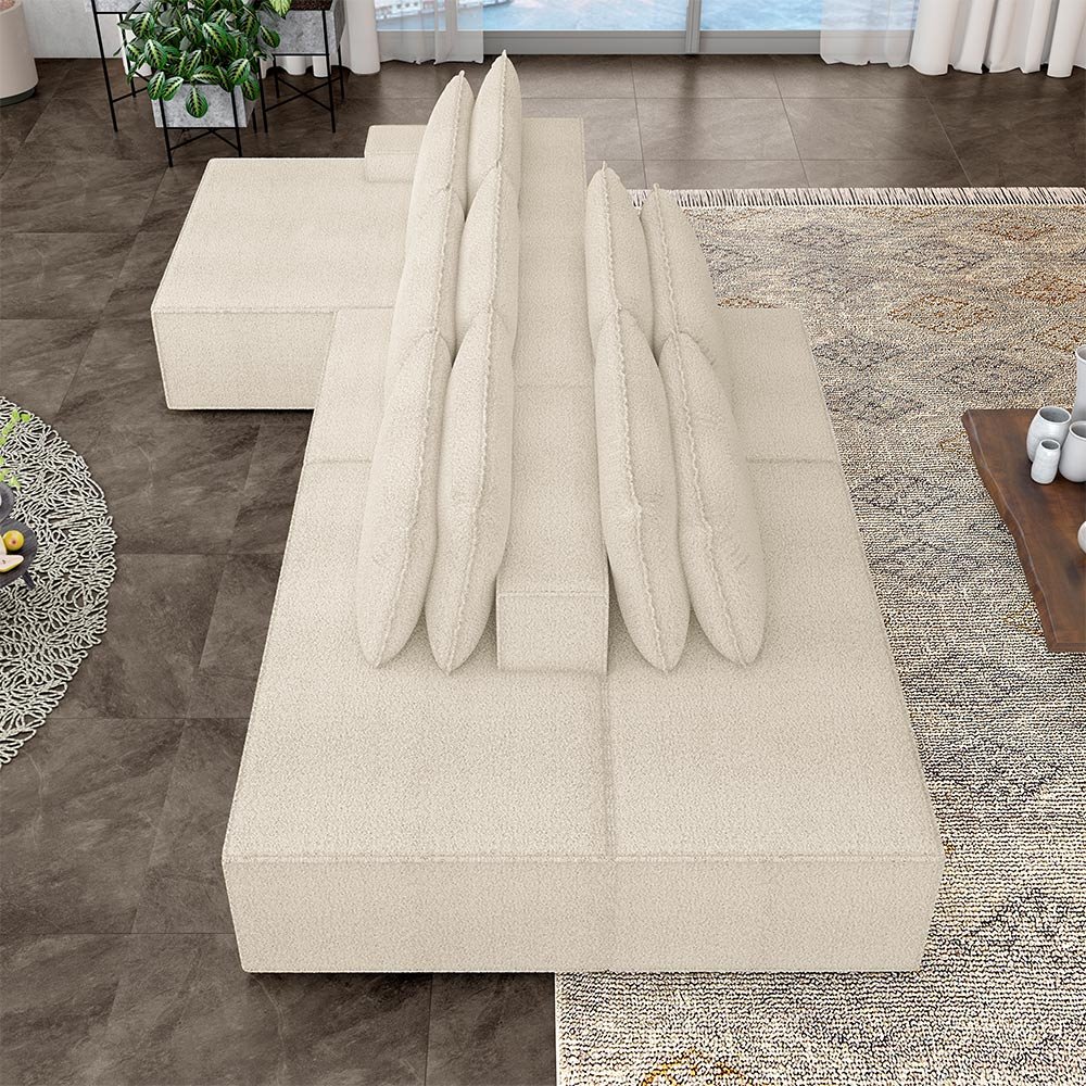 Sofá Ilha com Encosto e Almofadas Delta 355cm Modulado Chaise e Puffs ...
