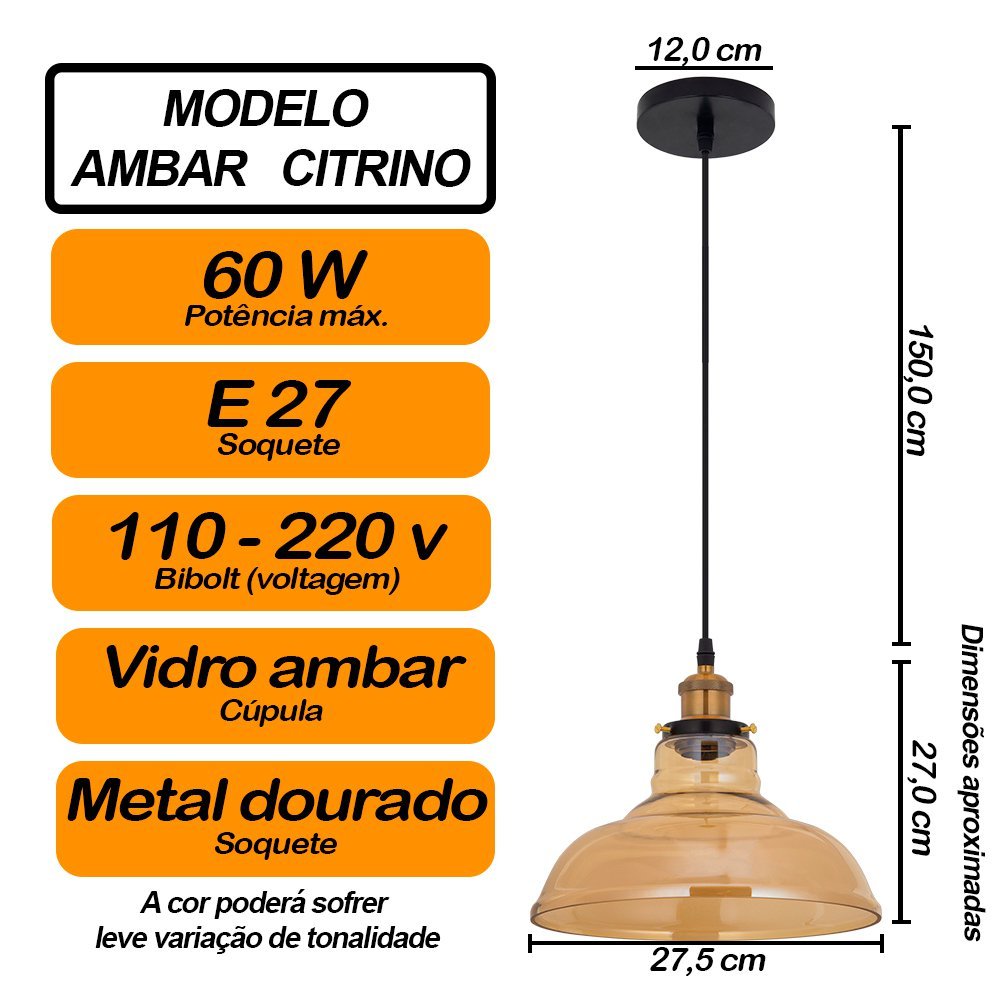 Kit Pendente de Vidro Âmbar Citrino + Lâmpada LED Bivolt Filamento ...