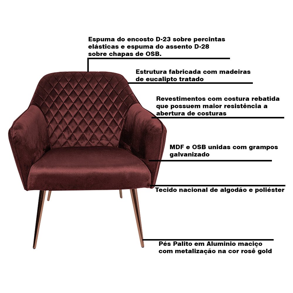 Poltrona Decorativa Versalhes Pés Palito Rosê Gold Veludo Malbec - Gran Belo | MadeiraMadeira