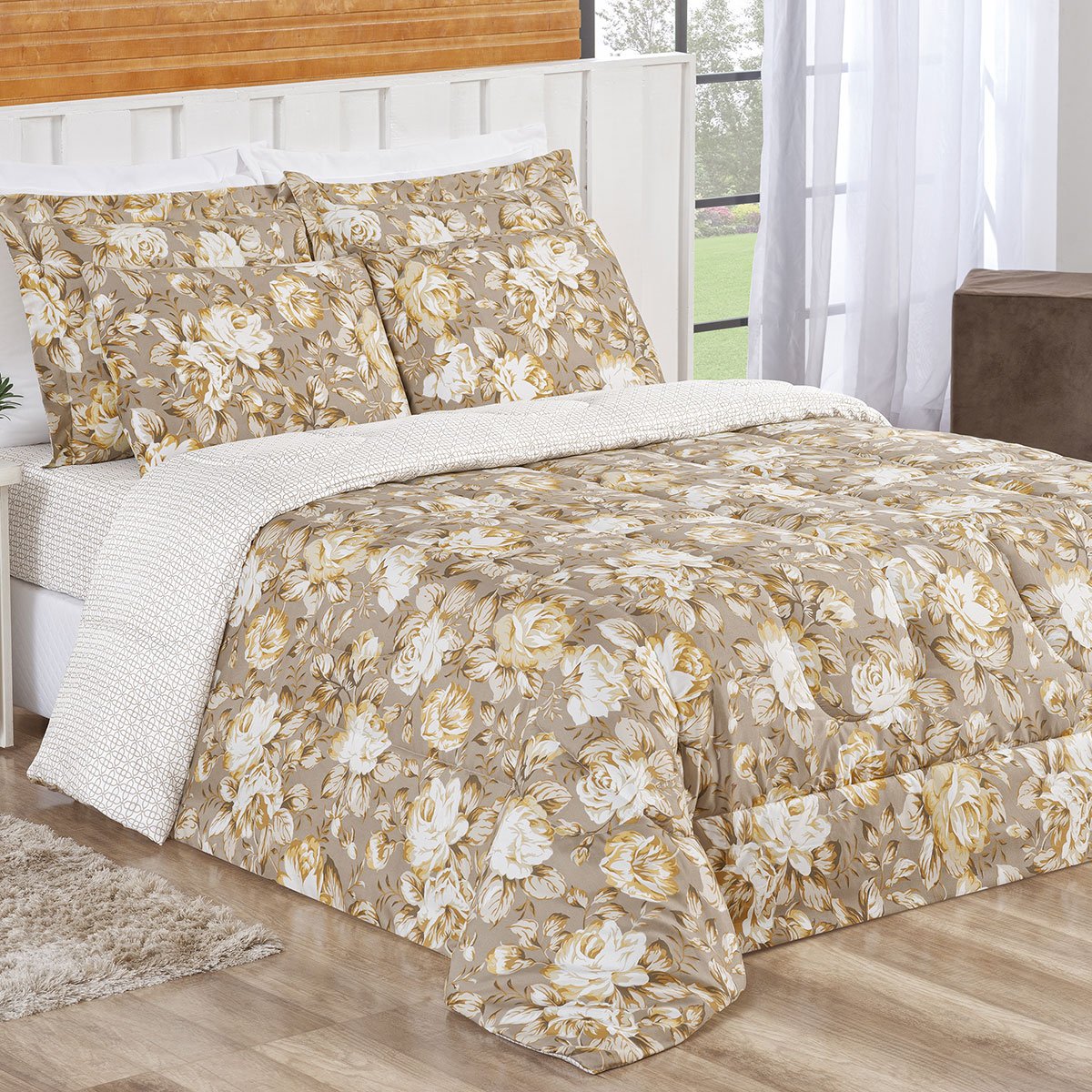 Edredom Super King Microfibra 3 Peças Floral Cáqui 2,80m x 2,40m ...