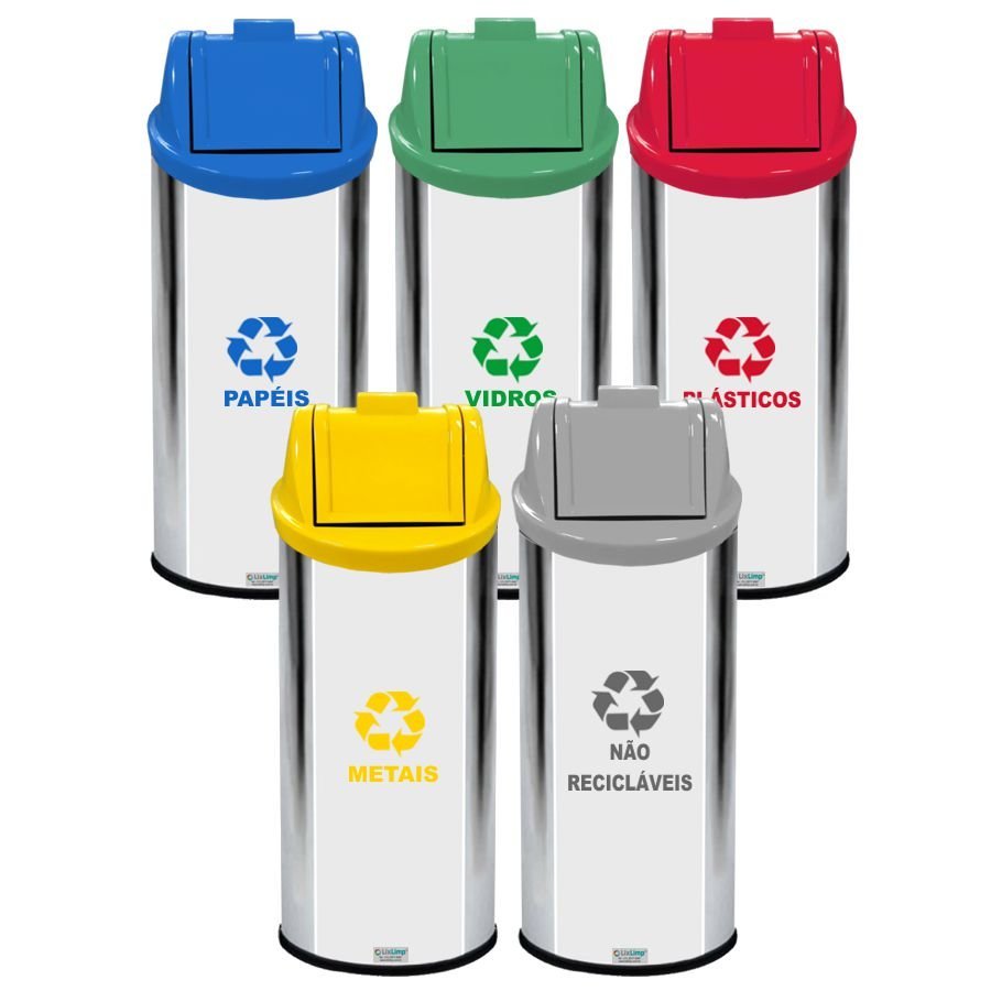Lixeira Coleta Seletiva Inox Tampa Vai Vem Plást. 50 L Cj 5 Js | MadeiraMadeira