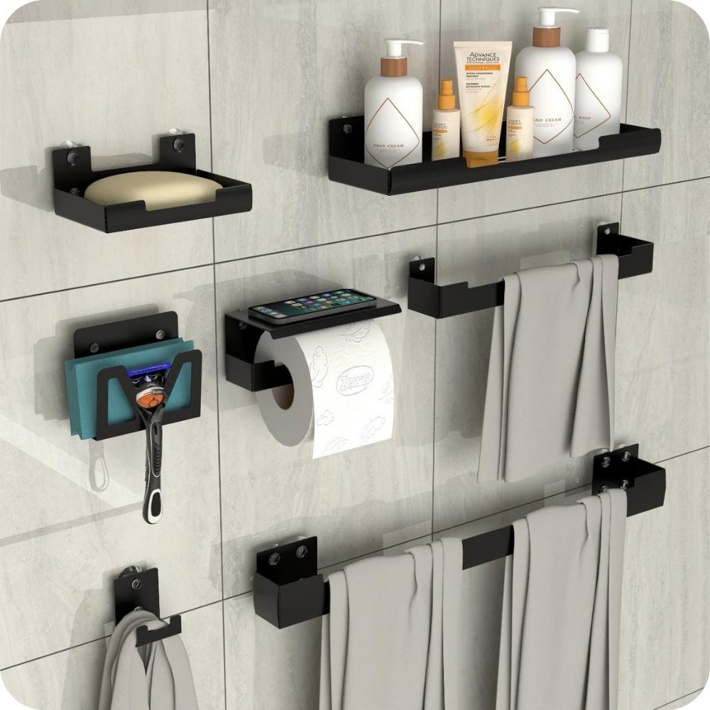 Kit Acessórios Para Banheiro Com Ventosa 7 Peças Preto ELG | MadeiraMadeira