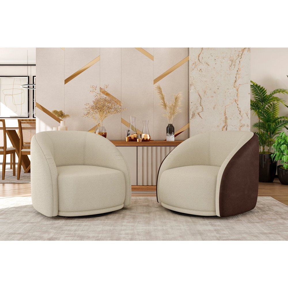 Poltrona Giratória 87cm Heidi Pu Marrom | Bouclé Suave Bege - Sallar Home | MadeiraMadeira