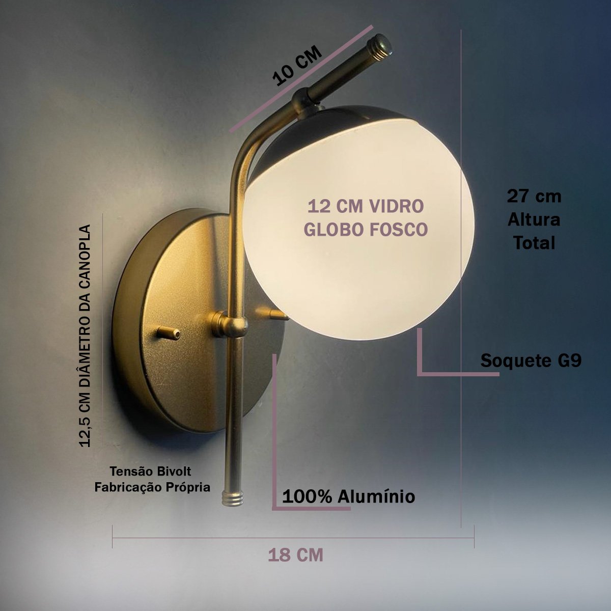 Kit 2 Unidades Arandela de Parede Inclinada Dourado Vidro Globo Fosco ...