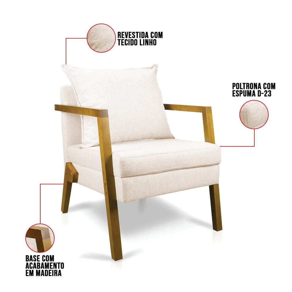 Poltrona Alice Linho Bege A19 Base de Madeira - D'Rossi | MadeiraMadeira
