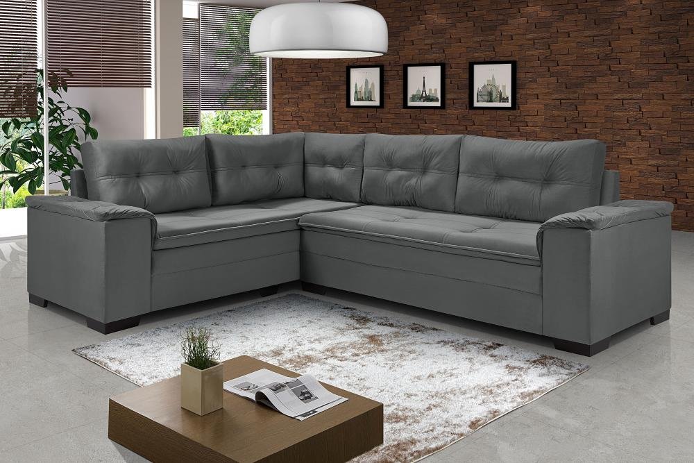 Sofá Viena Canto Suede Cinza Confortável Plus Império Estofados | MadeiraMadeira