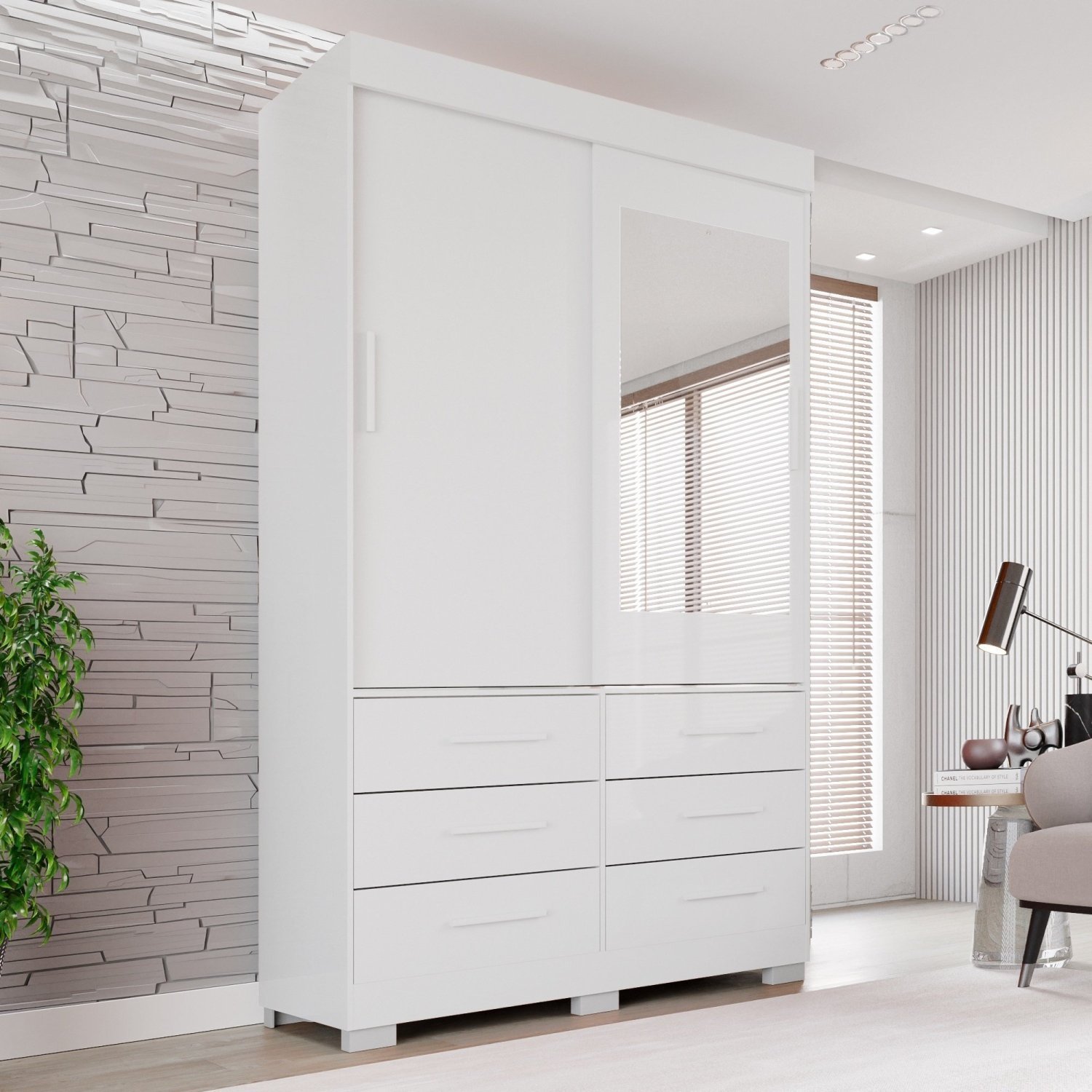 Guarda Roupa com Pés e Espelho 2 Portas 6 Gavetas Luana | MadeiraMadeira