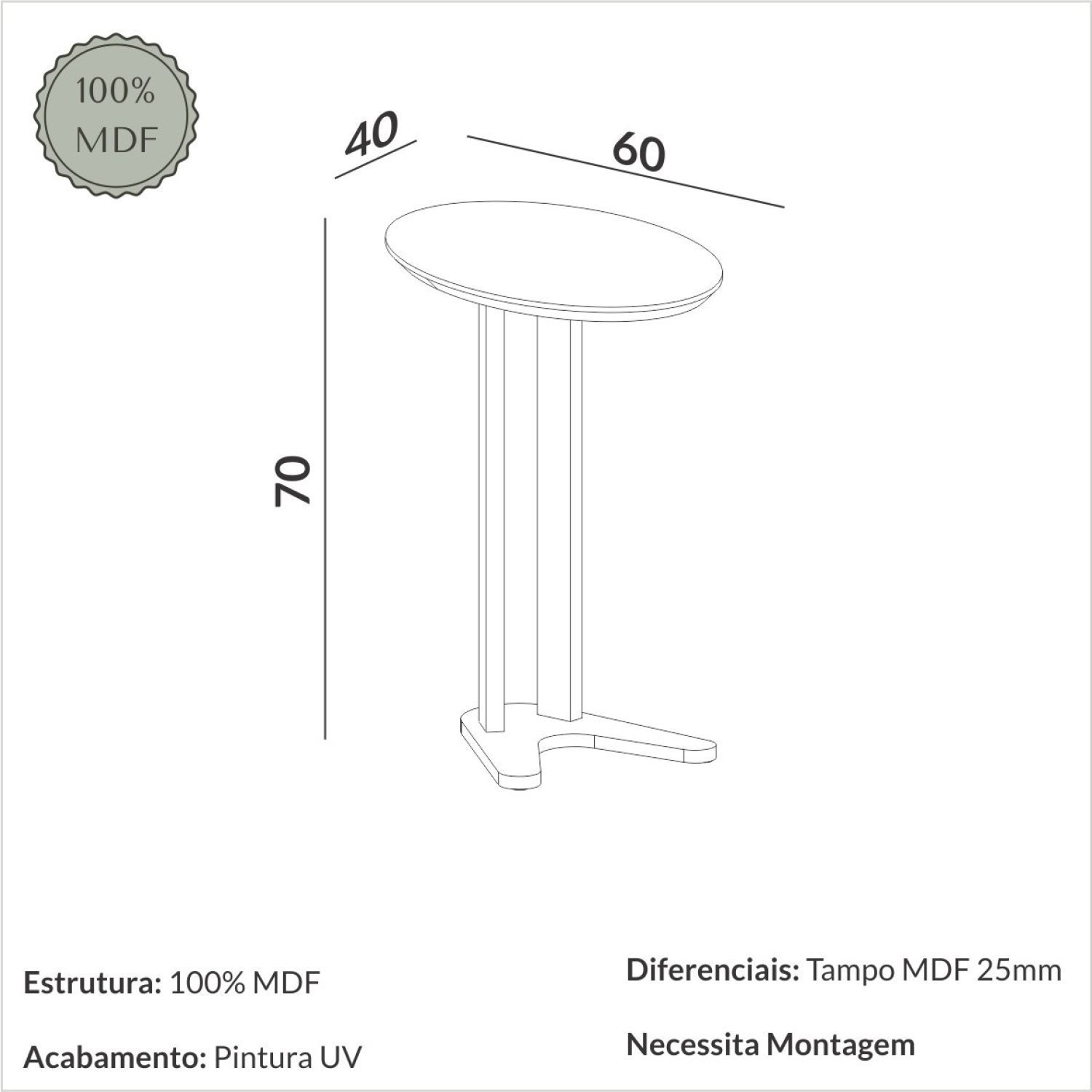 Mesa Lateral Oval 60cm | MadeiraMadeira
