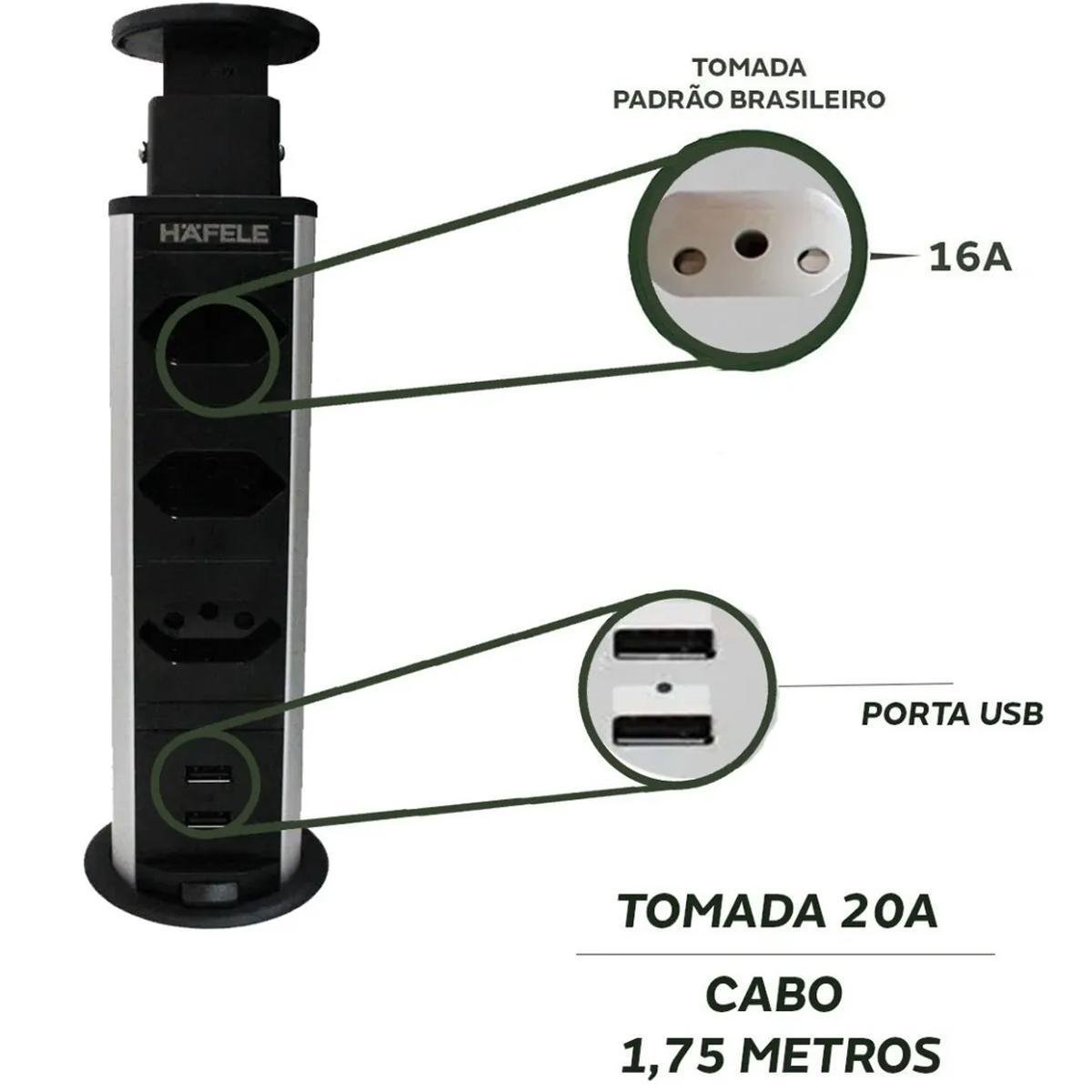 Torre de Tomada 3 Tomadas e Usb Multiplug Retratil Hafele | MadeiraMadeira