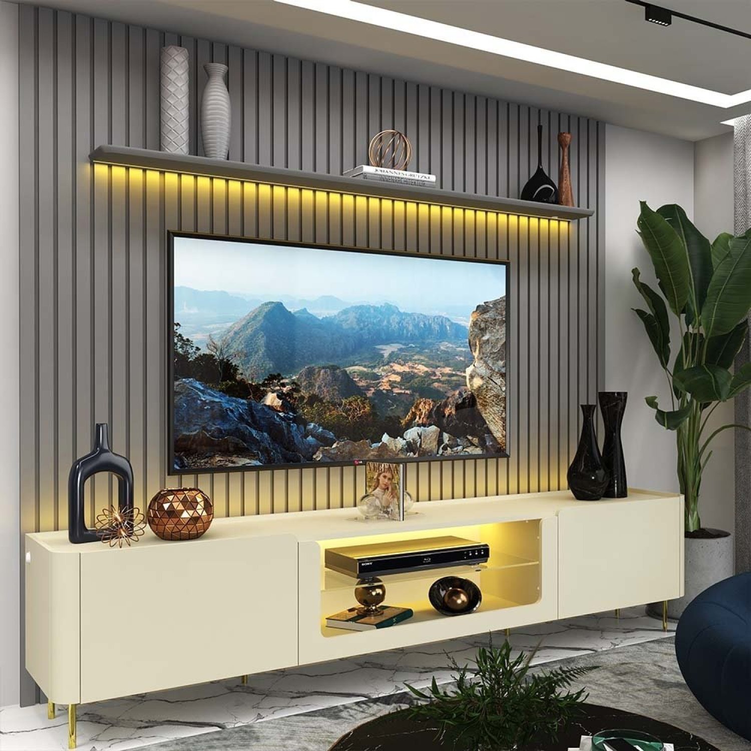 Rack com Painel Ripado para Tv até 85 Polegadas Led Pés Ferro 230cm Nobre/splendore Yescasa ...