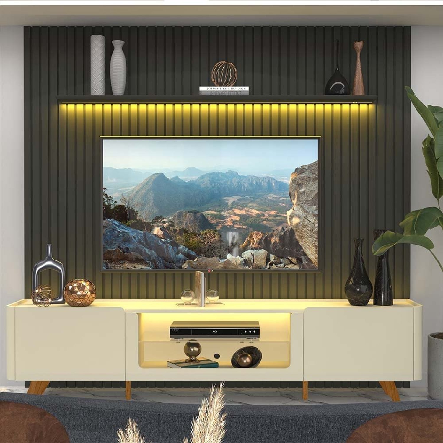 Rack com Painel Ripado para Tv até 85 Polegadas Led Pés Madeira 230cm Nobre/splendore Yescasa ...