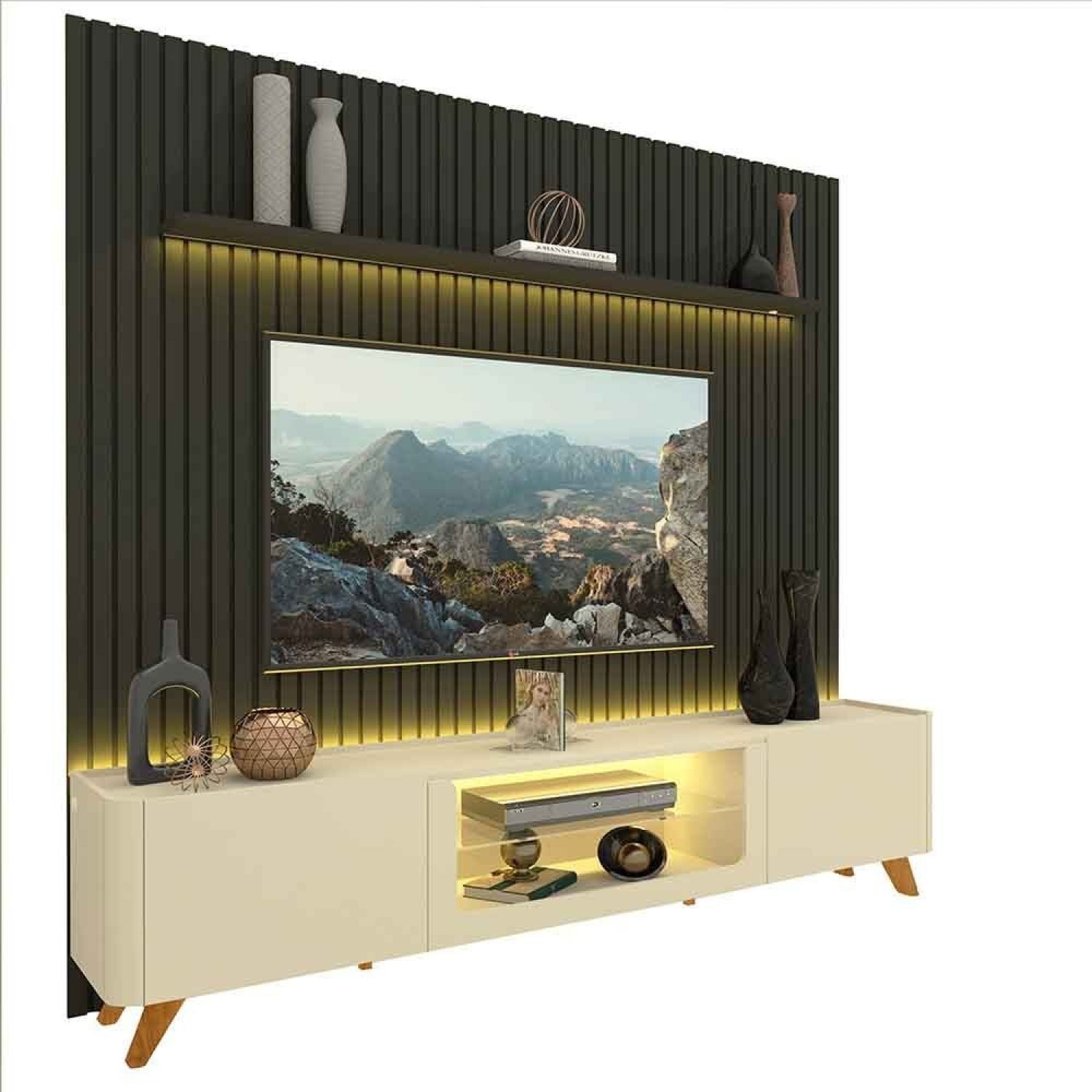 Rack com Painel Ripado para Tv até 85 Polegadas Led Pés Madeira 230cm Nobre/splendore Yescasa ...