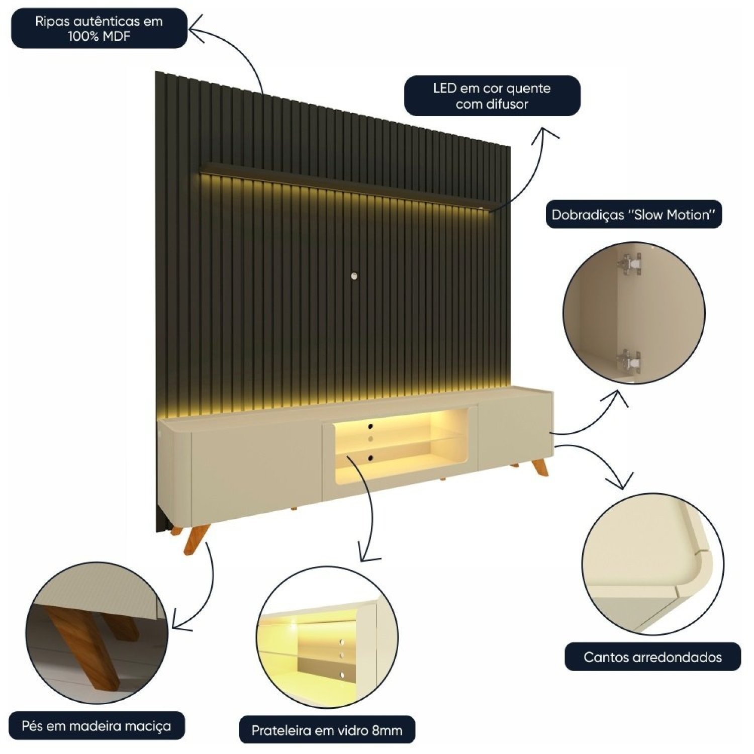 Rack com Painel Ripado para Tv até 85 Polegadas Led Pés Madeira 230cm Nobre/splendore Yescasa ...