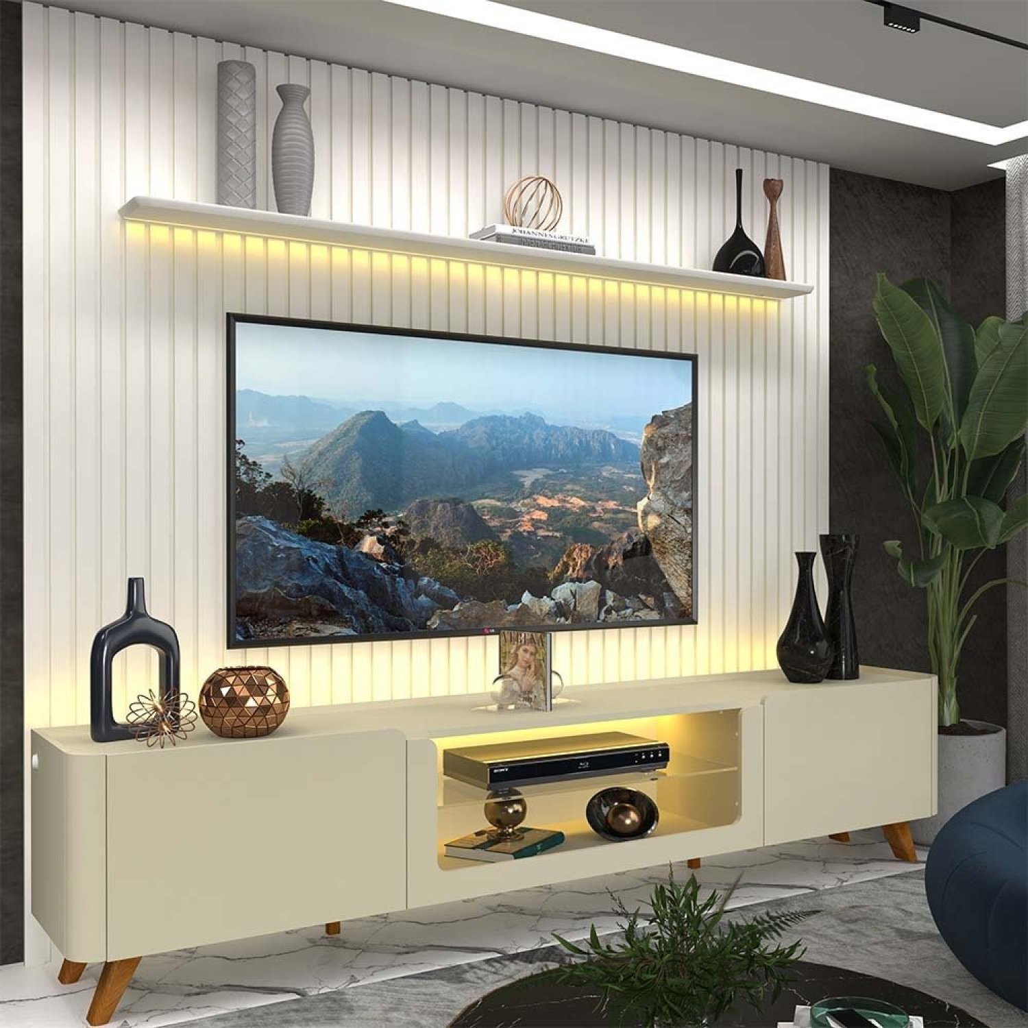 Rack com Painel Ripado para Tv até 85 Polegadas Led Pés Madeira 230cm Nobre/splendore Yescasa ...