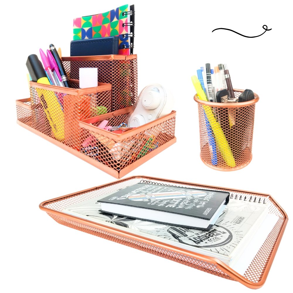 Kit Escritório Porta Caneta Organizador Mesa Bandeja Rose Gold ...