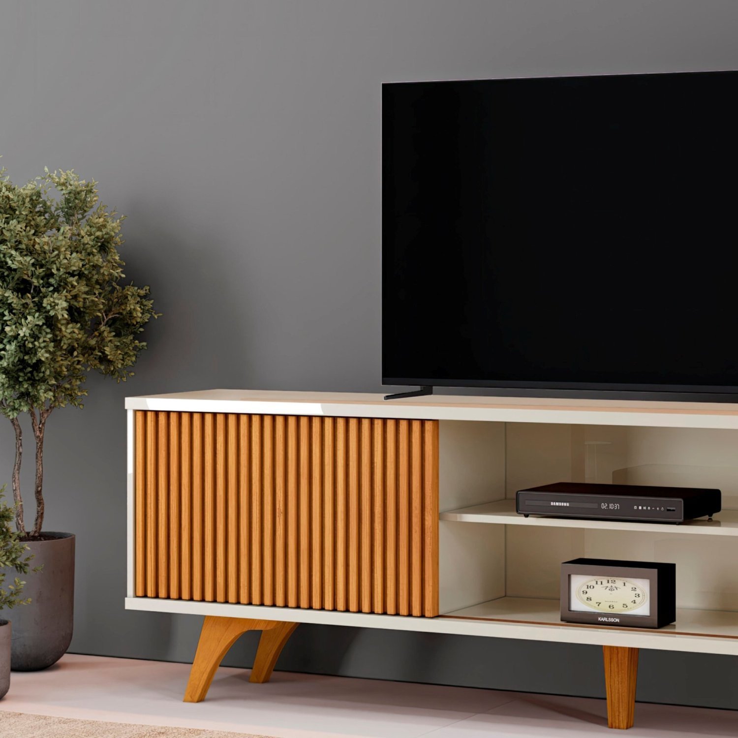 Rack para TV até 75 Polegadas 100% MDF com Ripado 2 Portas de Correr 218cm Gaia | MadeiraMadeira