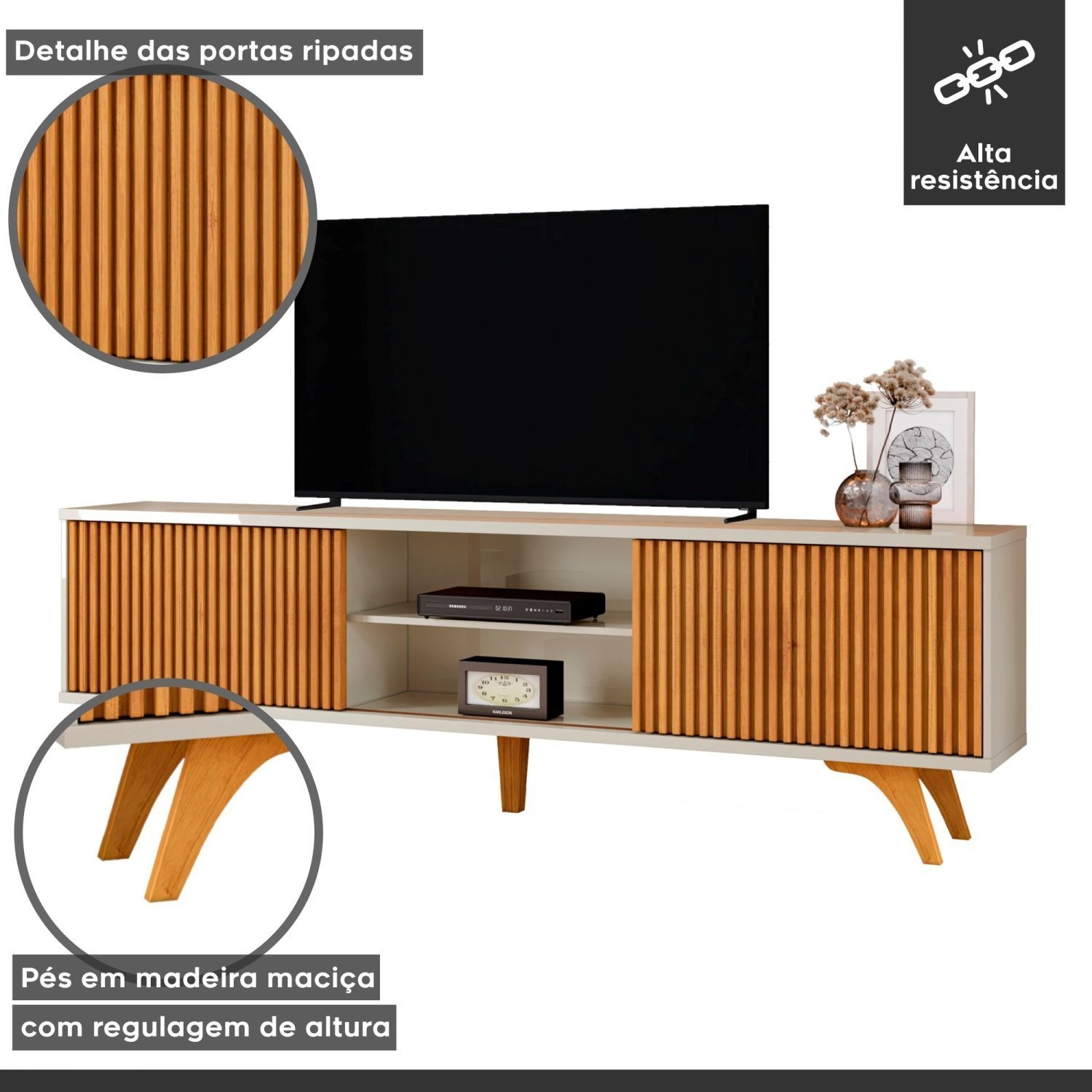 Rack para TV até 75 Polegadas 100% MDF com Ripado 2 Portas de Correr 218cm Gaia | MadeiraMadeira