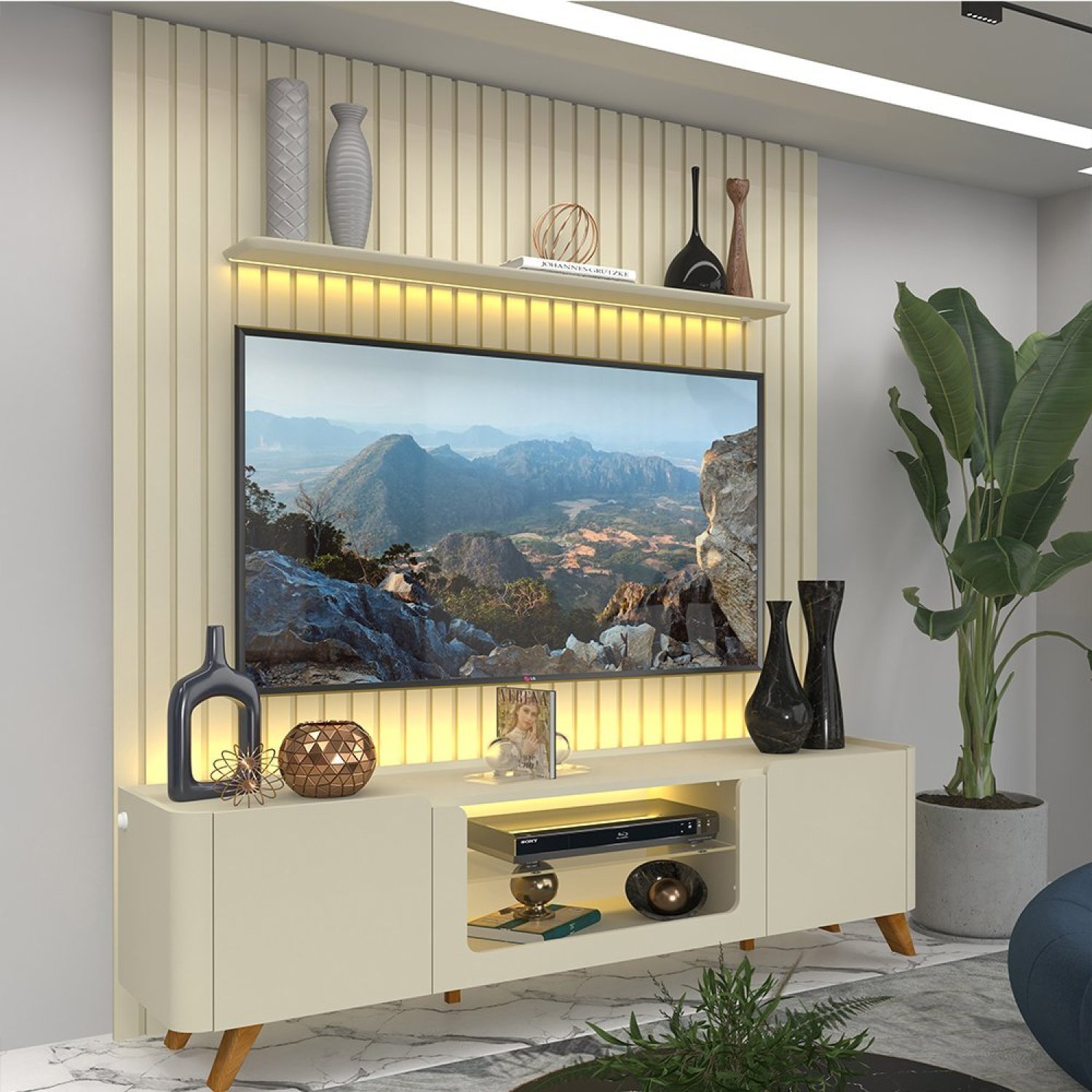 Rack com Painel Ripado para Tv até 75 Polegadas Led Pés Madeira 185cm Nobre/splendore Yescasa ...