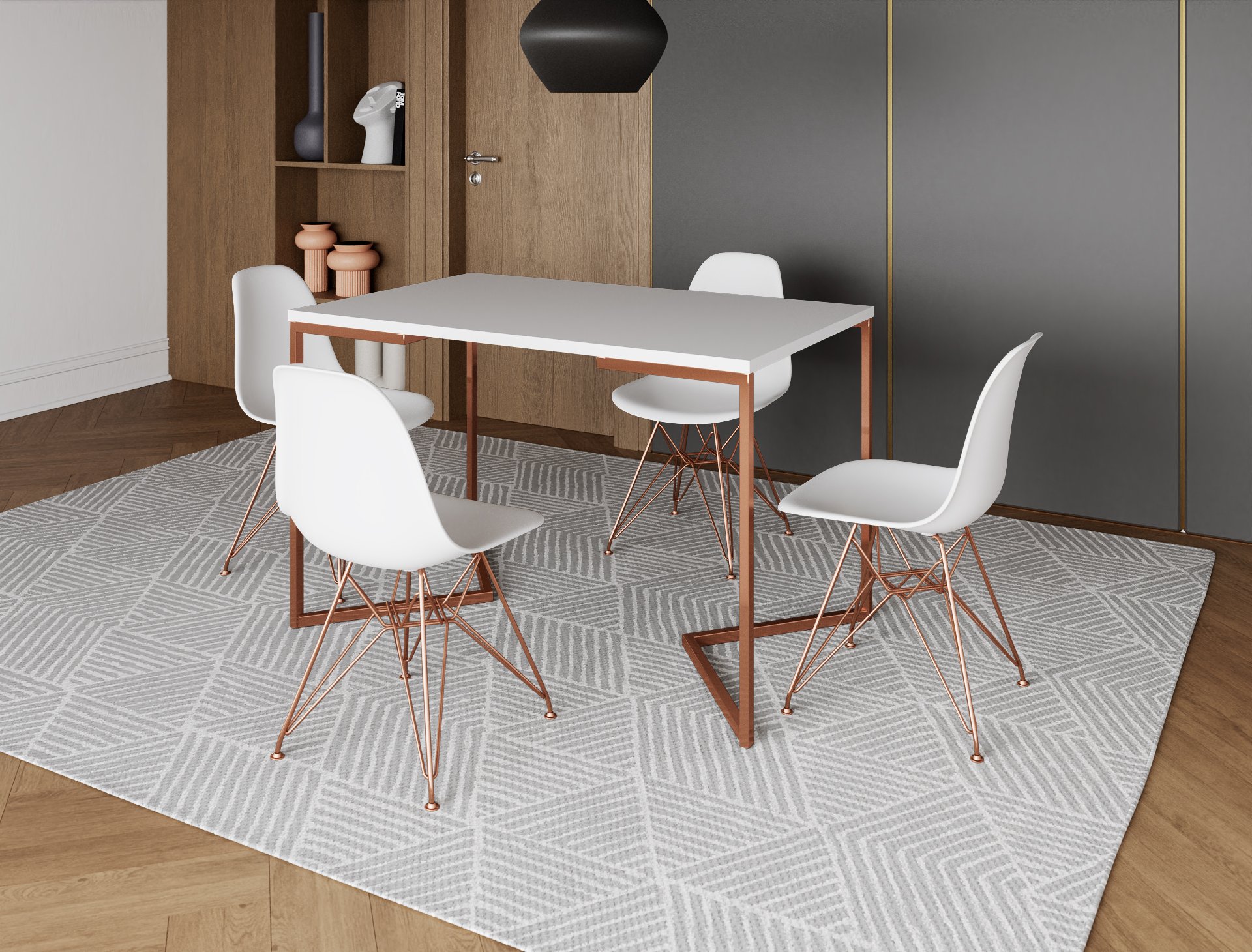 Mesa Industrial Base Ferro Cobre em V Tampo 137x90 Branco 4 Cadeiras ...