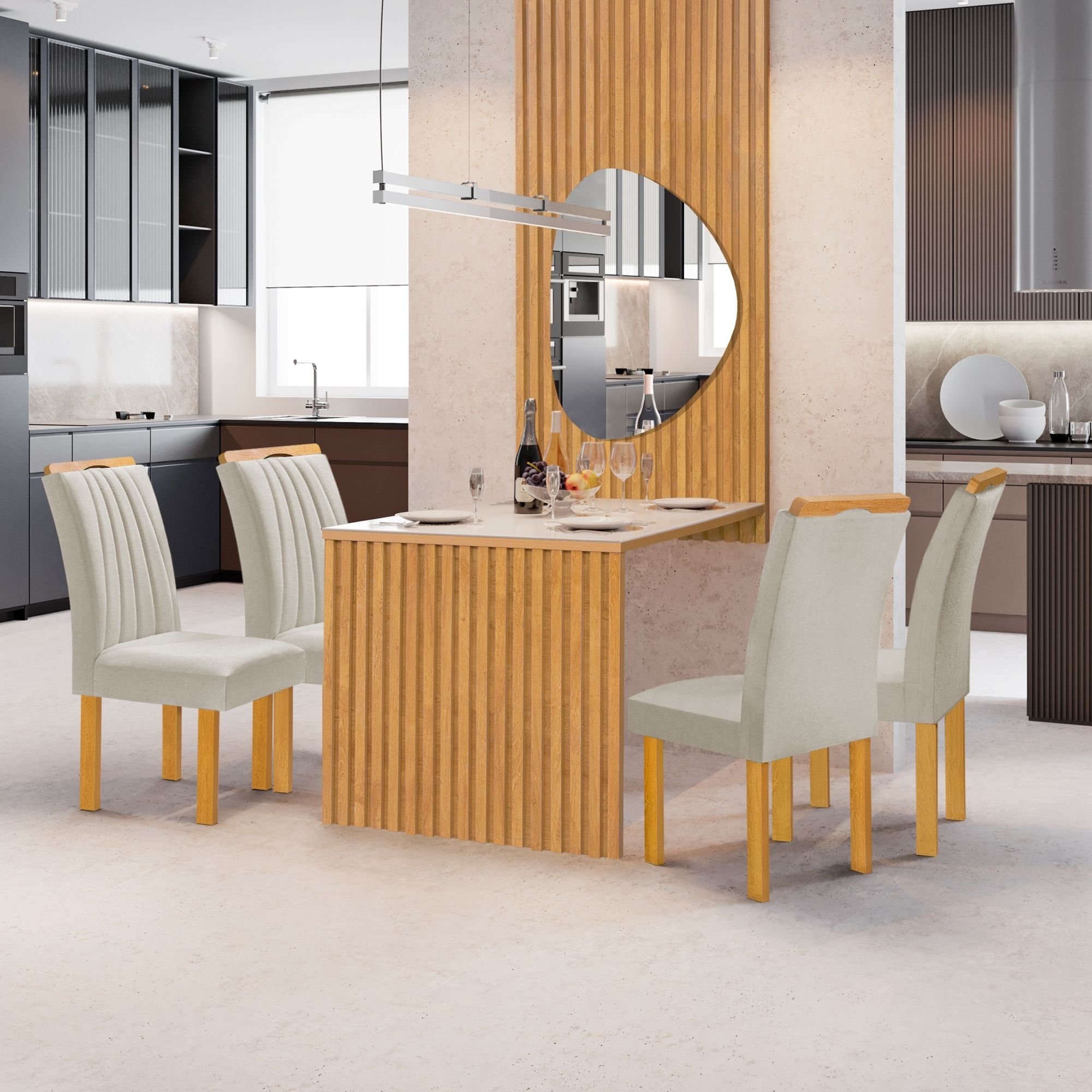 Conjunto Mesa Bella Ripada 120cm com Painel Espelhado Tampo Bella com ...