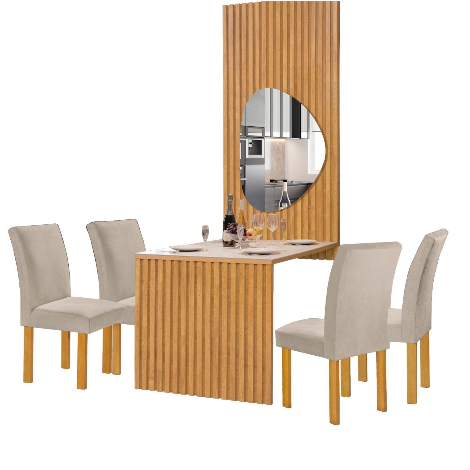 Conjunto Mesa Bella Ripada 120cm com Painel Espelhado Tampo Bella com ...