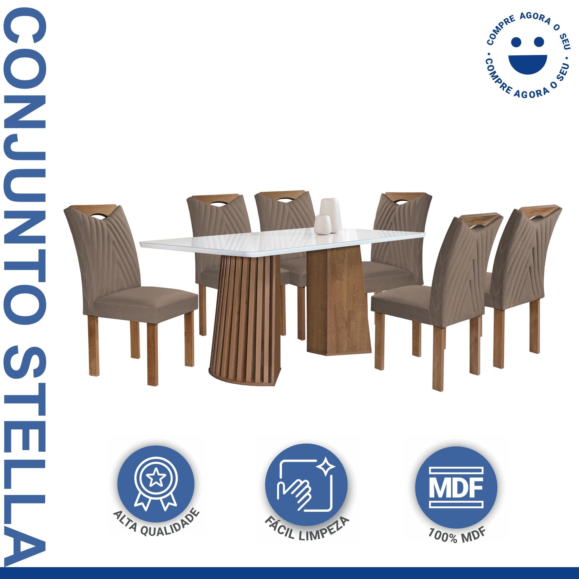 Conjunto Mesa Stella Ripada 170cm com 6 Cadeiras Stella Tampo Smart ...