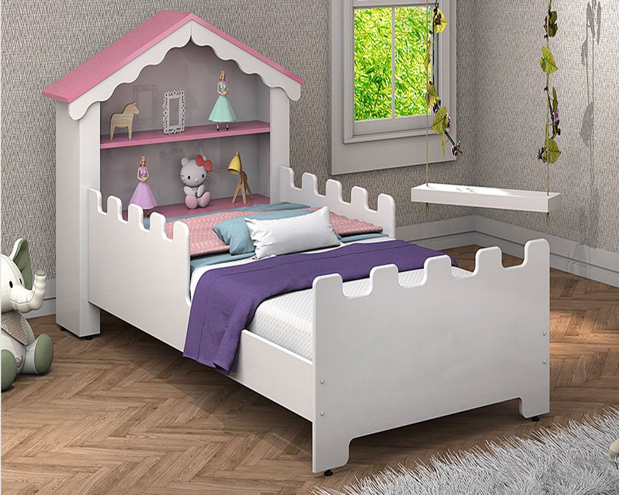 Cama Casa Menina Infantil Magia Branco Rosa com Prateleira Moveis House ...