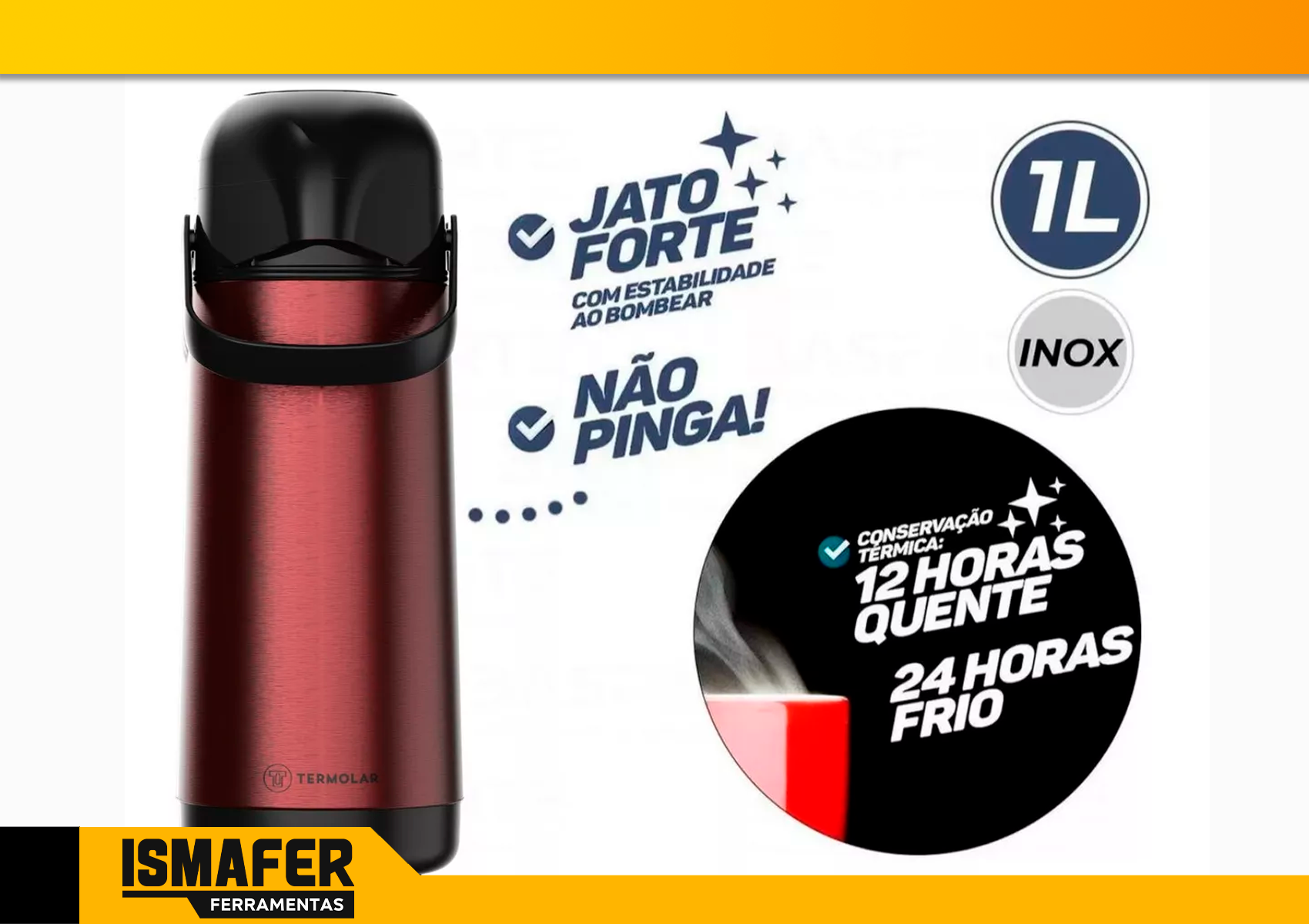 Garrafa térmica Termolar Lúmina 1L Pressão Inox | MadeiraMadeira