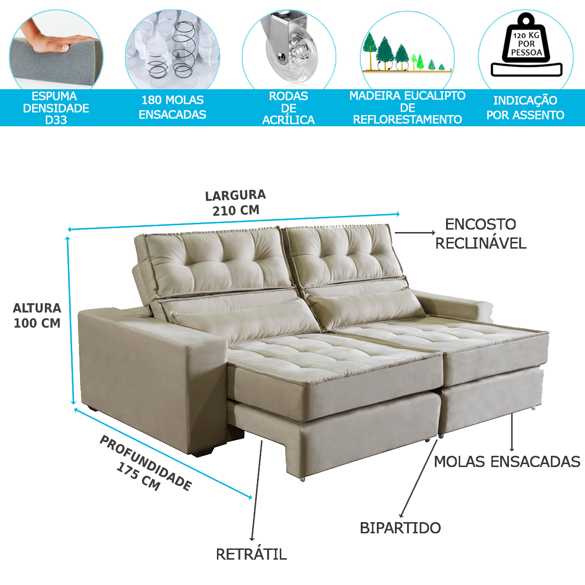 Sofá Luxo 3 Lugares Com Molas Ensacadas Retrátil e Reclinável 2,10m Suede Liso Bege - Premium ...