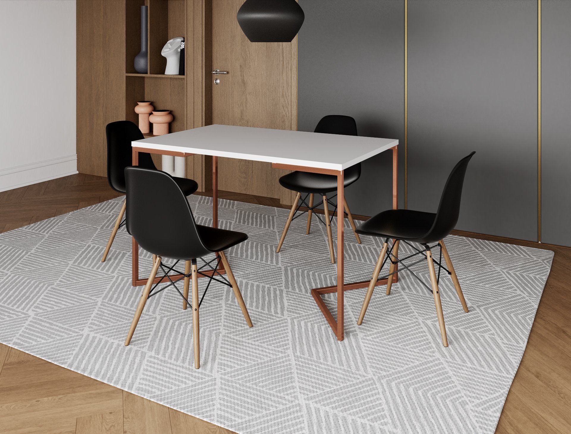 Mesa Industrial Base Ferro Cobre em V Tampo 137x90 Branco 4 Cadeiras ...