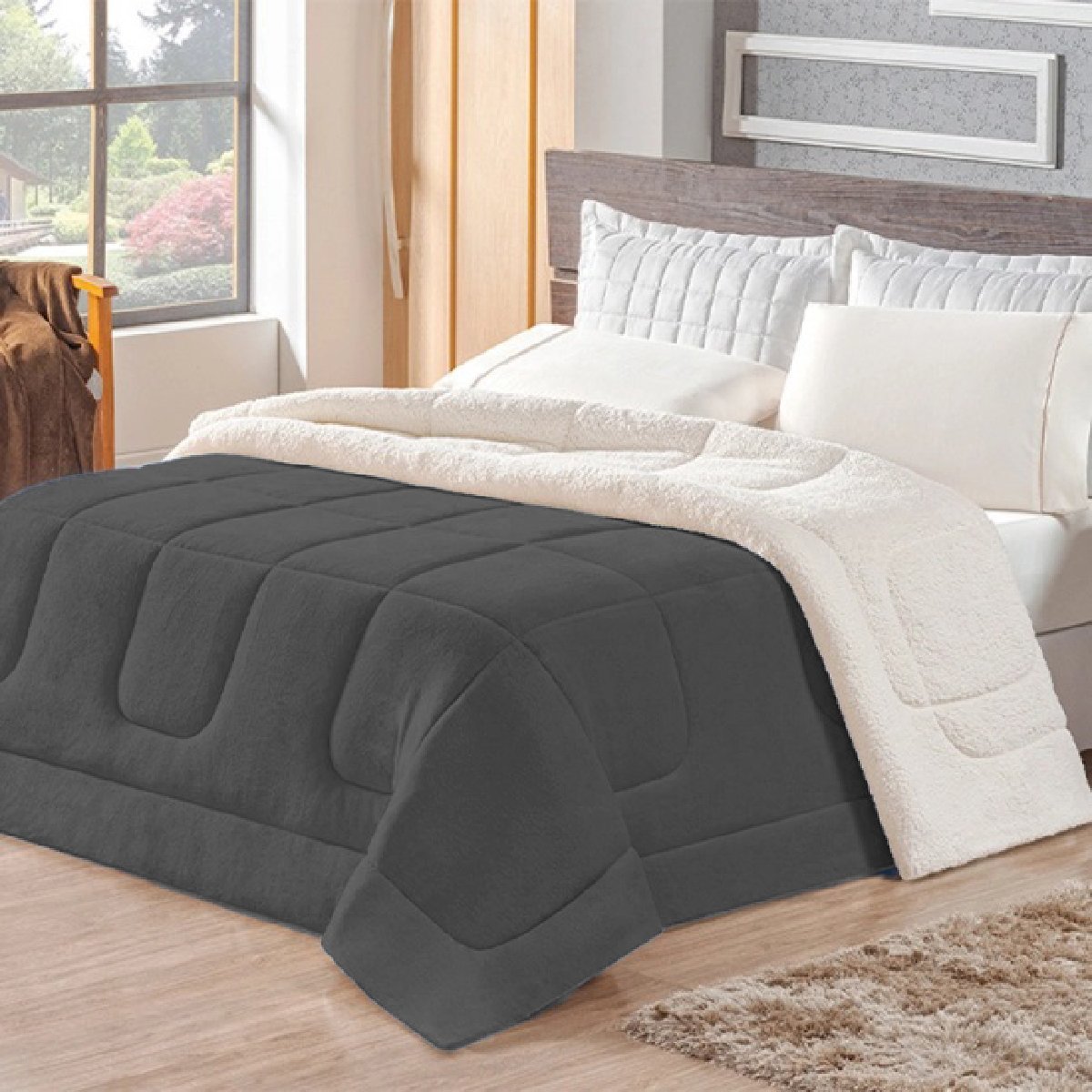 Edredom 2 em 1 Sherpa com Manta Queen Dupla Face Cinza Casen ...