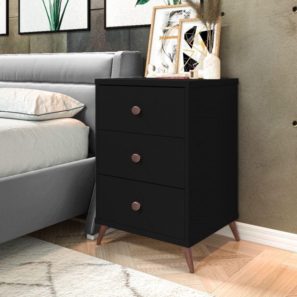 Mesa De Cabeceira Secreto mdf 3 Gavetas Pés Palito preto | MadeiraMadeira