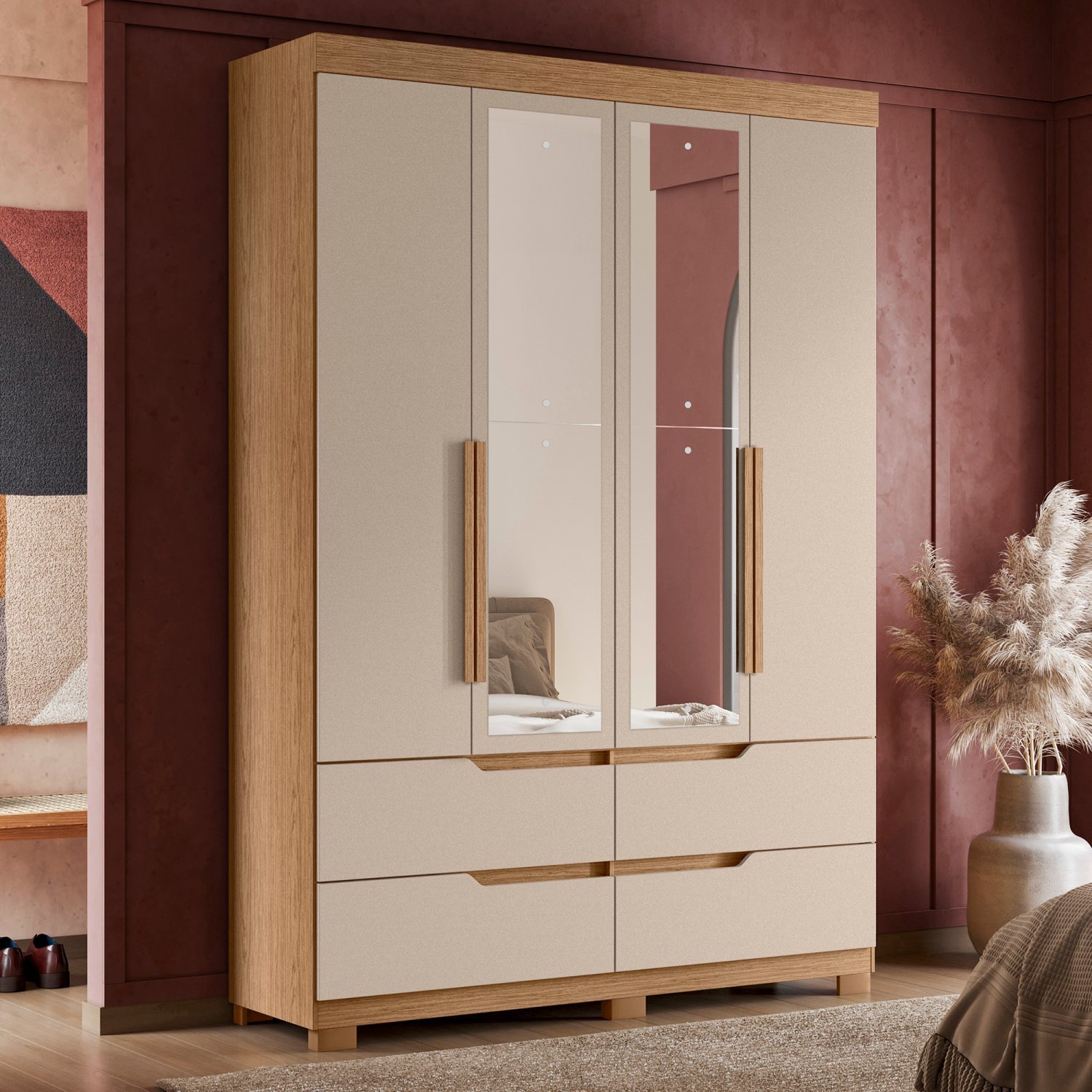 Guarda-roupa Solteiro com Espelho 4 Portas 4 Gavetas Doble | MadeiraMadeira