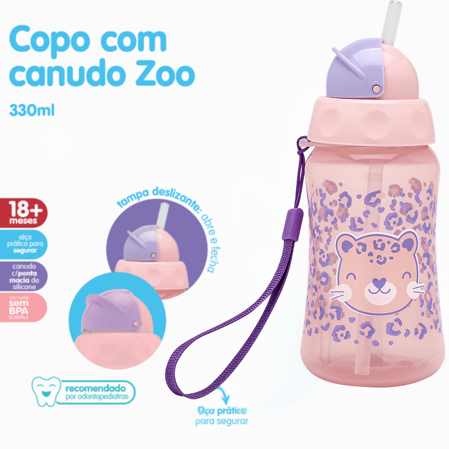 Copo Infantil com Canudo Zoo Lolly Kind Cor Rosa Claro 330ml | MadeiraMadeira