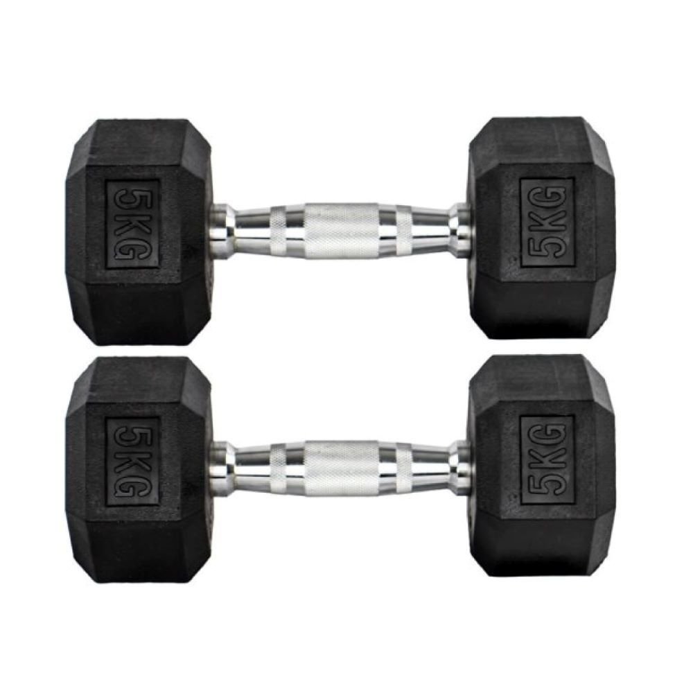 Par Halteres 5kg + 5kg Dumbbell Sextavado Emborrachado Pegada Cromada ...