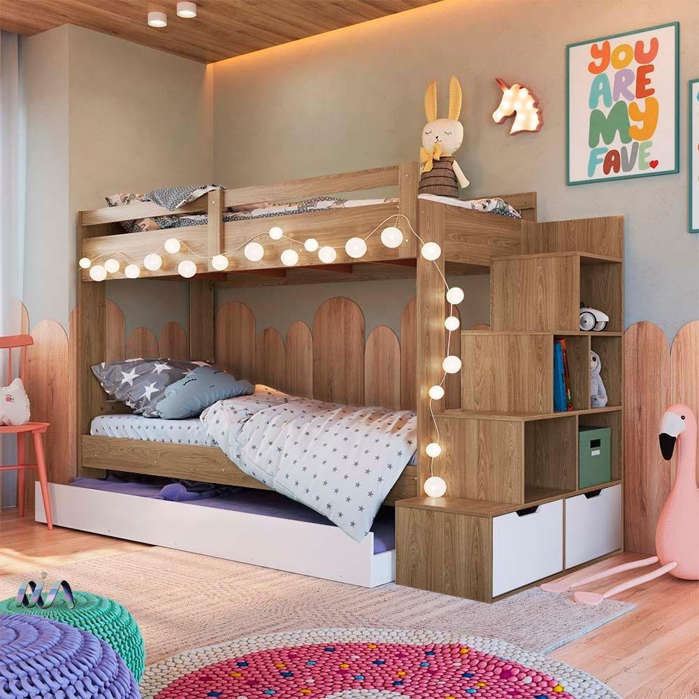Cama Treliche Infantil com Cama Auxiliar e Escada Branco Oak ...