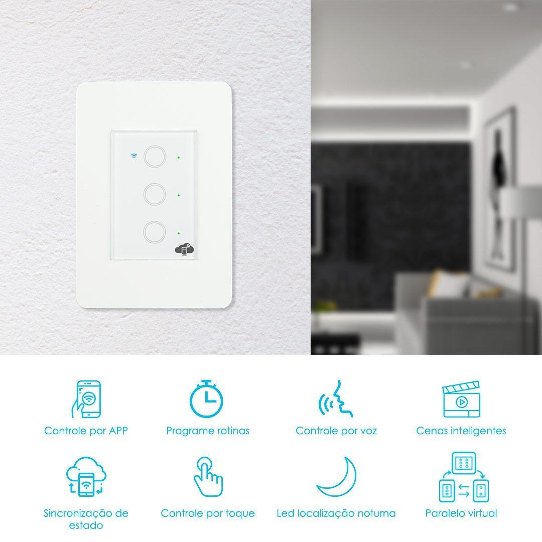 Interruptor Inteligente Touch Wifi De 3 Teclas 4X2 Branco | MadeiraMadeira