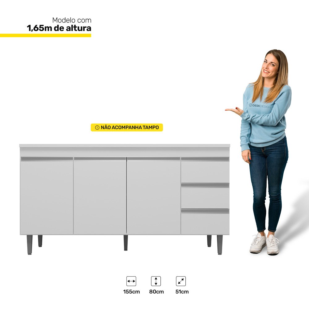 Balcão Gabinete Andréia de Pia 160cm Sem Tampo 3 Portas Branco - Desk Design | MadeiraMadeira