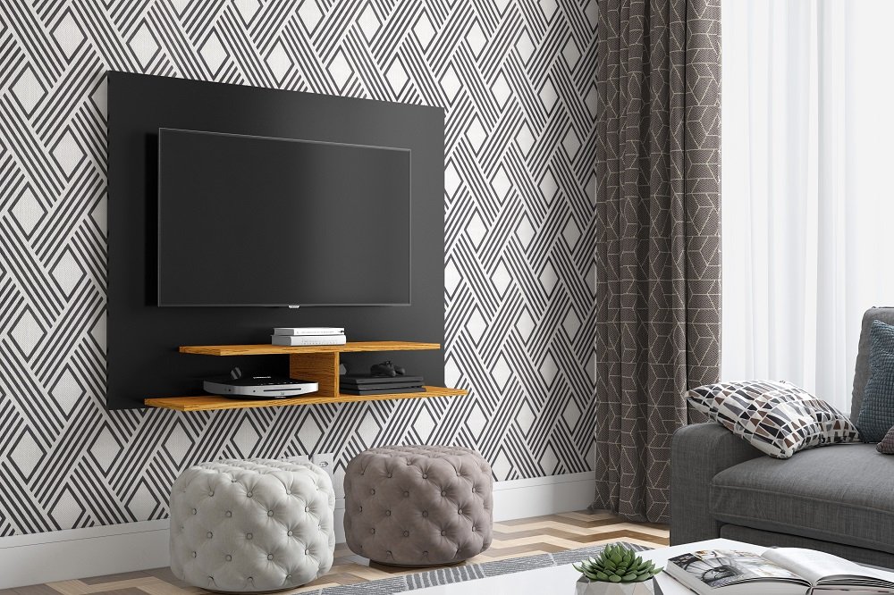 Painel TV 50 Polegadas Prateleira Flutuante 2 Nichos Veneza:Preto ...