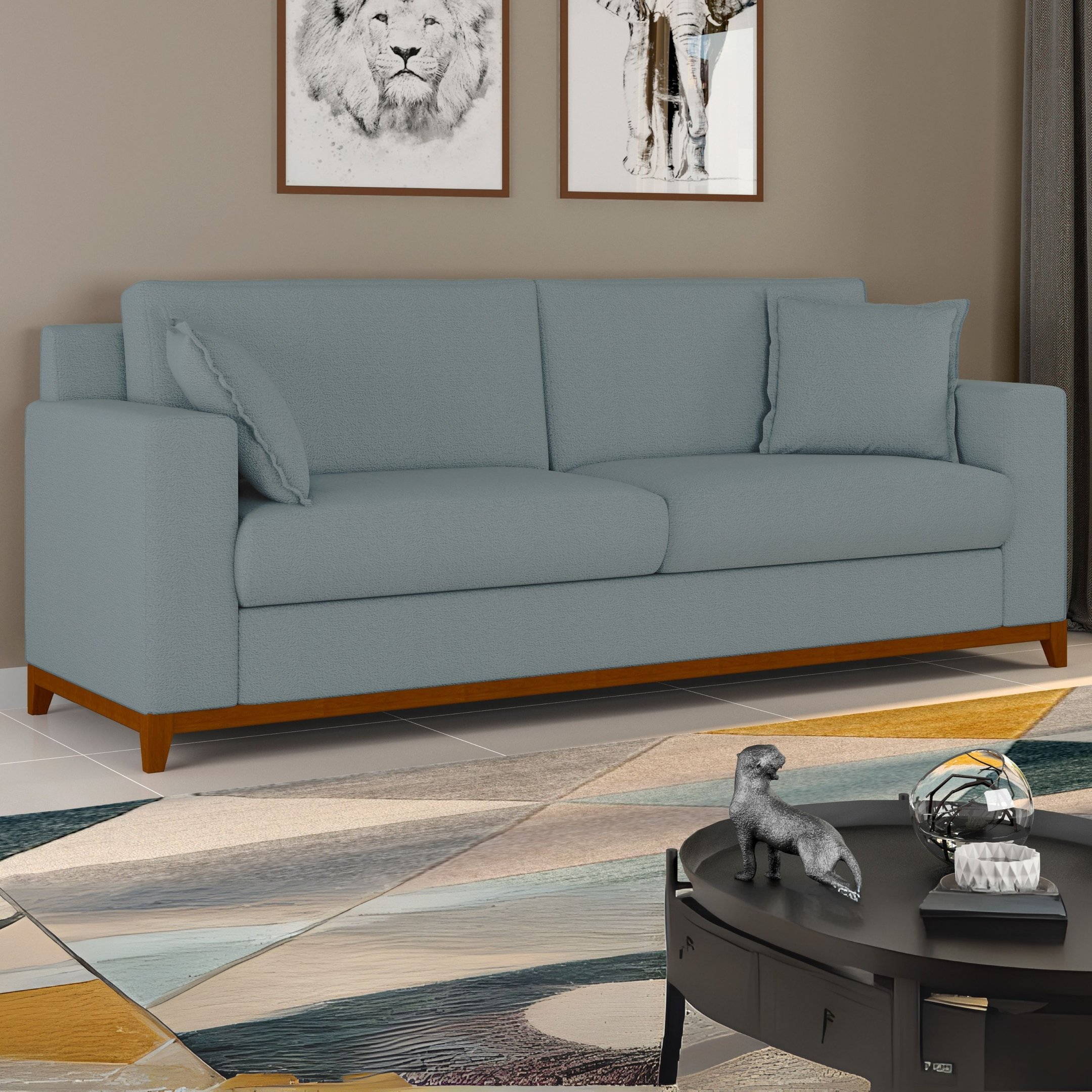 Sofá Living Vintage 3 Lugares 200cm em Boucle Slim Azul Bebê ...