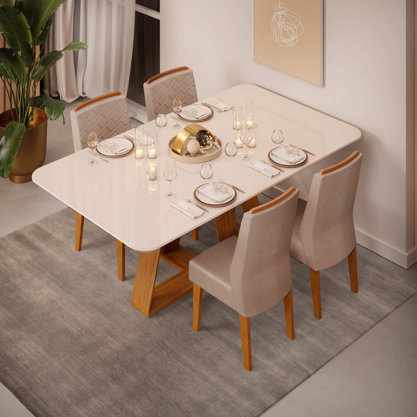 Conjunto Mesa de Jantar Kiara 1,60 Feijó/Off White com 4 Cadeiras Lídia ...