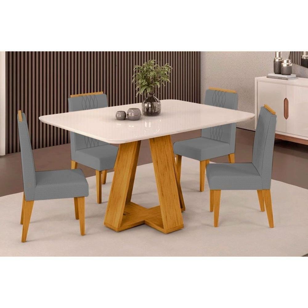 Sala de Jantar Completa Celeste Tampo Madeirado C- Vidro Curvo 120x90cm e 4 Cadeiras Lia Cedro ...