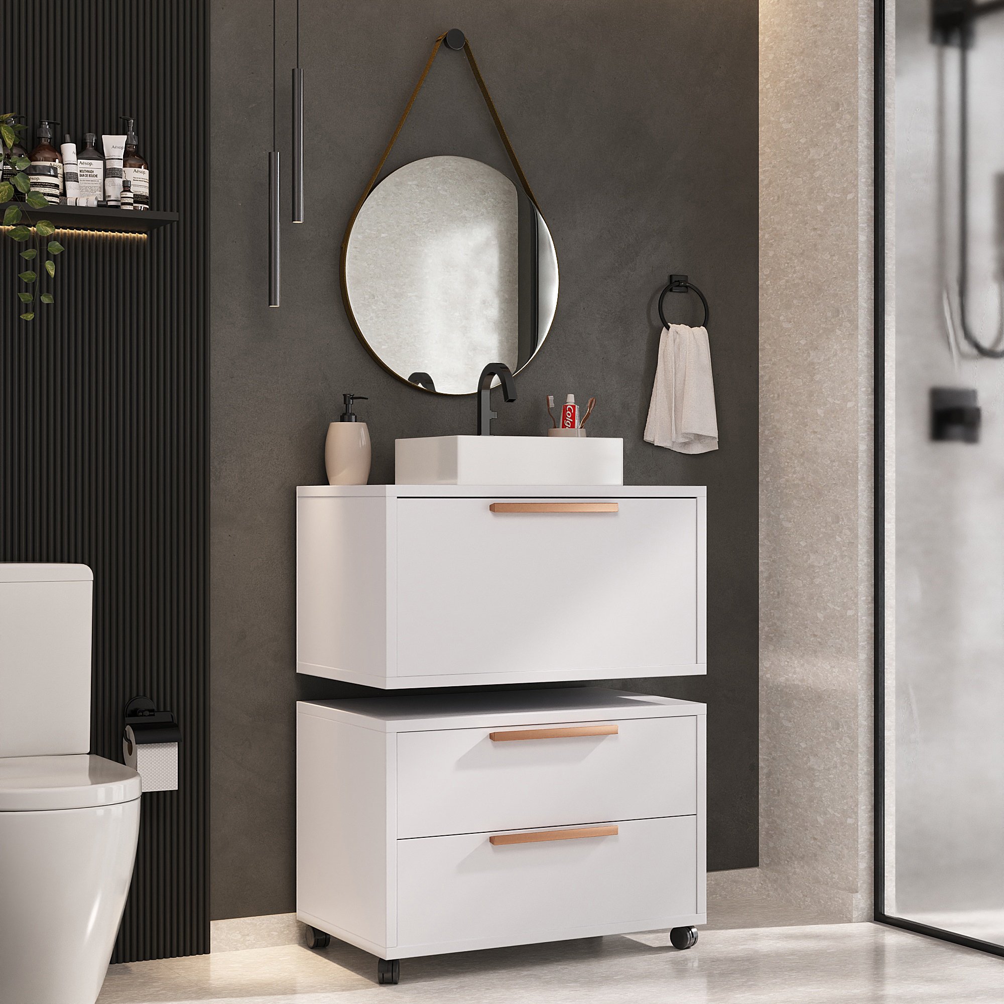 Conjunto Gabinete para Banheiro com Rodizio, com Cuba de sobrepor e Espelho Kyoto 60cm ...