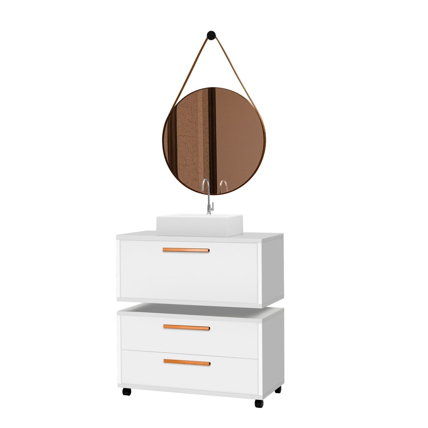 Gabinete para Banheiro com Rodízio, tampo de vidro, Cuba de sobrepor e Espelho Kyoto 80 cm ...