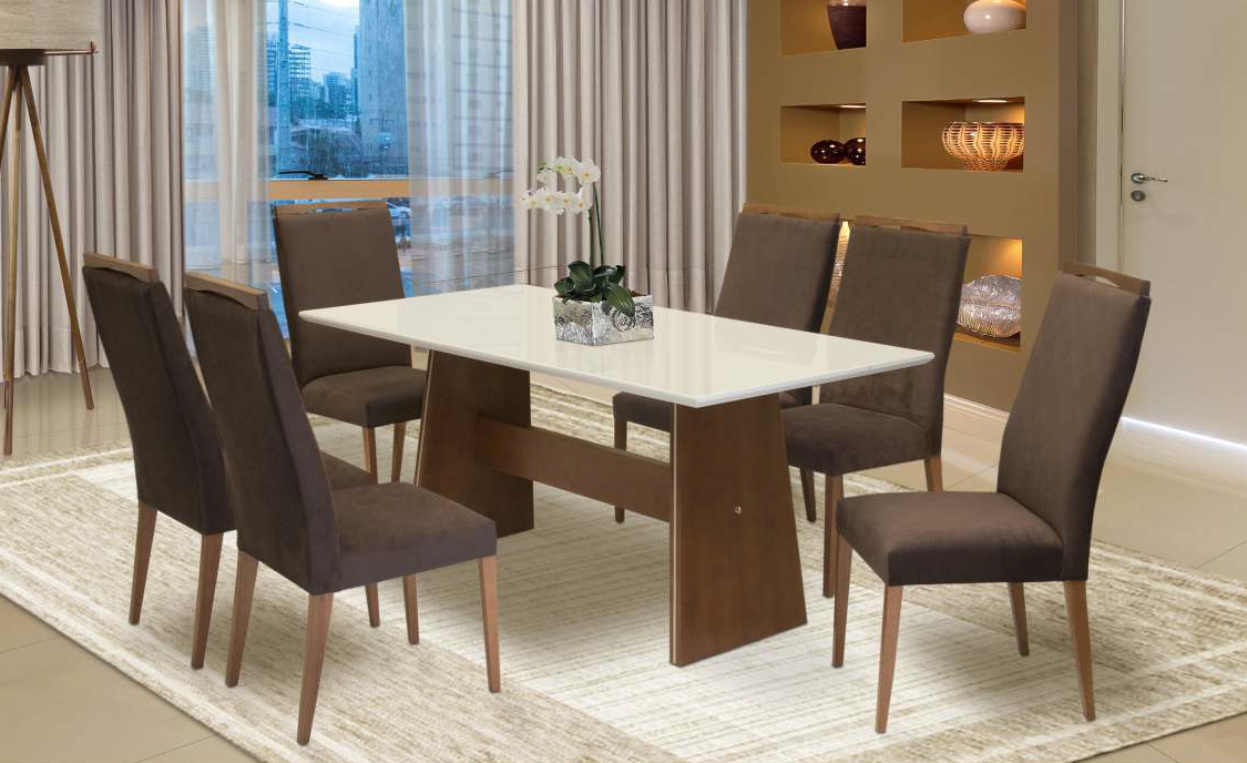 Conjunto Mesa de Jantar Retangular Lorena 180 Cm Off White/Amendoado ...